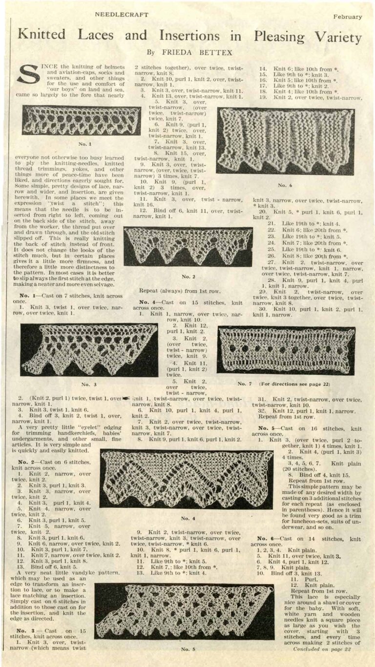 7 Knitted Lace Patterns From February 1923 Needlecraft Magazine ...