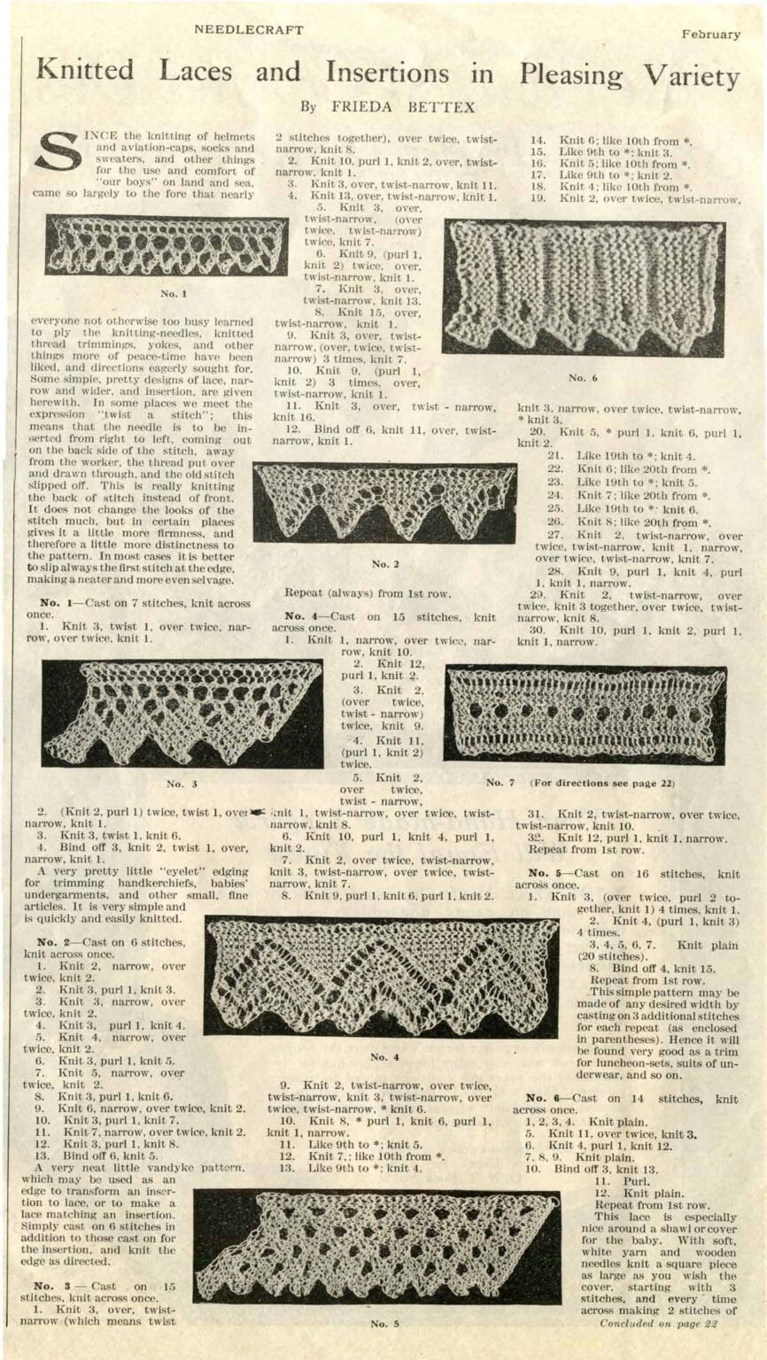 7 Knitted Lace Patterns From February 1923 Needlecraft Magazine ...