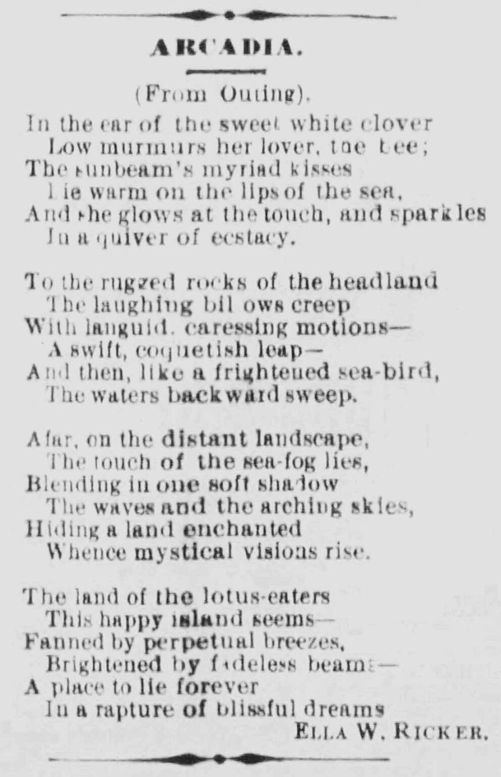 Arcadia, Poem by Ella W. Ricker | Resalvaged